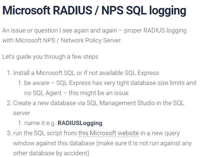 Microsoft RADIUS / NPS SQL logging - IT-Admins