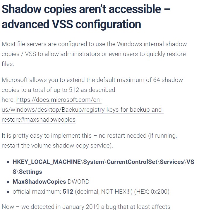 Shadow copies aren't accessible - advanced VSS configuration - IT-Admins