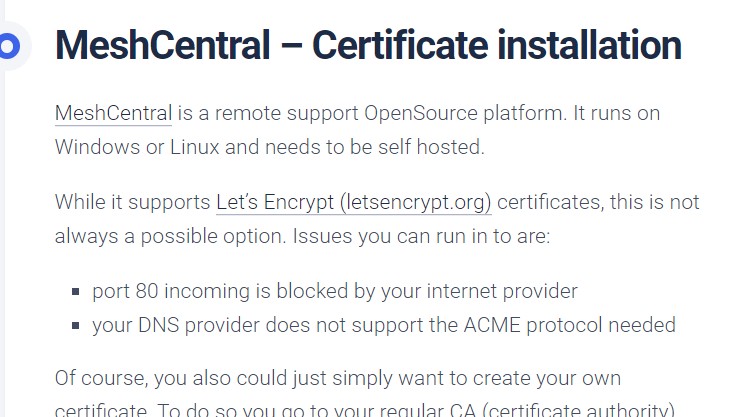 MeshCentral - Certificate installation - IT-Admins